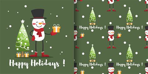 해피 홀리데이 텍스트와 귀여운 눈사람의 원활한 패턴크리스마스 휴가 시즌 배너는 눈송이와 녹색 배경에 크리스마스 트리와 선물 상자와 빨간 스카프와 검은 모자를 착용 12월에