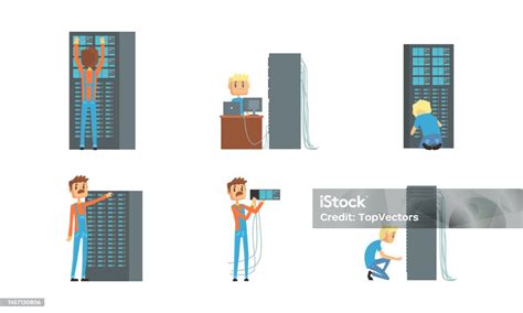 Sysadmin Characters Set Men Repairing And Adjusting Network Connection And Upkeeping Server