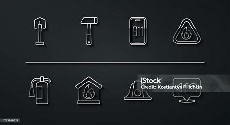 라인 소방 삽 소화기 화염 삼각형 소방관 헬멧 불타는 집 망치 비상 전화 및 모바일 비상 911 아이콘을 설정하십시오 벡터 가연성에 대한 스톡 벡터 아트 및 기타 이미지