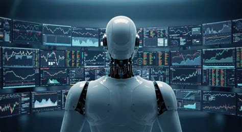 Futuristic Robot Analyzing Financial Data In High Tech Trading Room