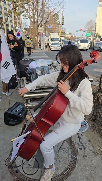 애국첼리스트 첼로 피아 거리에서 태극기와성조기를 흔들고 연주하는 Youtube