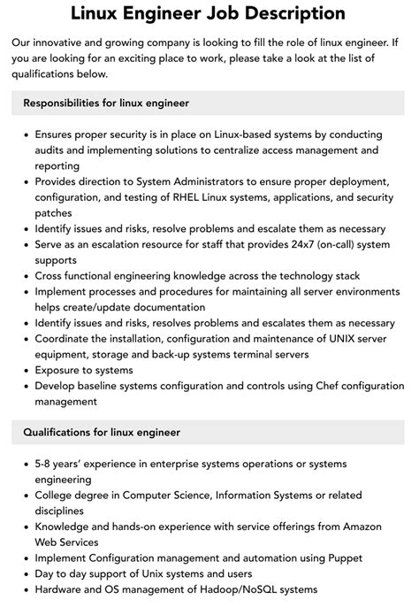 Linux Engineer Job Description Velvet Jobs