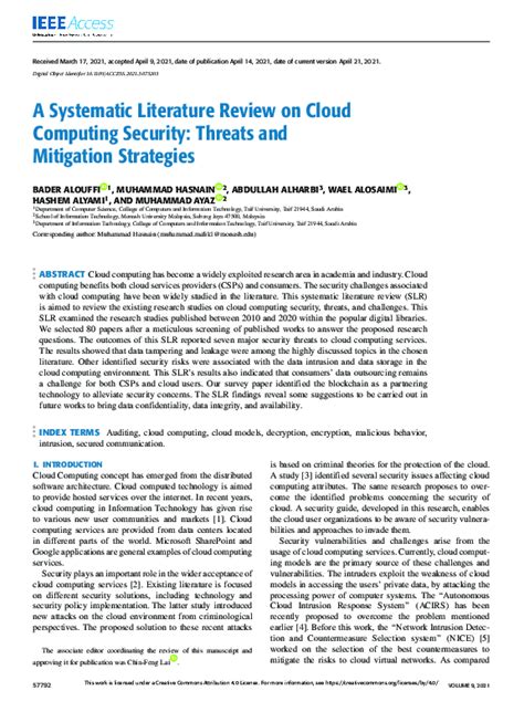 Pdf A Systematic Literature Review On Cloud Computing Security Threats And Mitigation Strategies