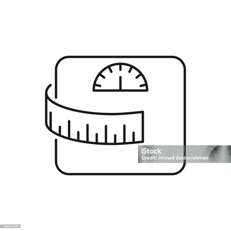 줄자 라인 아이콘이 있는 욕실 바닥 저울 체중 조절 개념 선형 픽토그램 무게와 허리 윤곽선을 측정하기 위한 미터 아이콘 편집 가능한 스트로크 고립 된 벡터 그림입니다