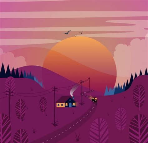 풍경화 보라색 언덕 태양 도로 집 아이콘 Ai Eps Uidownload