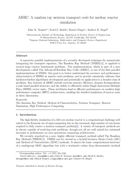 Pdf Arrc A Random Ray Neutron Transport Code For Nuclear Reactor Simulation Kord Smith