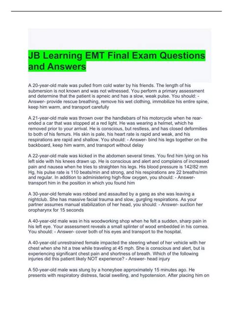 JB Learning EMT Final Exam Questions And Answers Correct EMT JB Learning Stuvia US