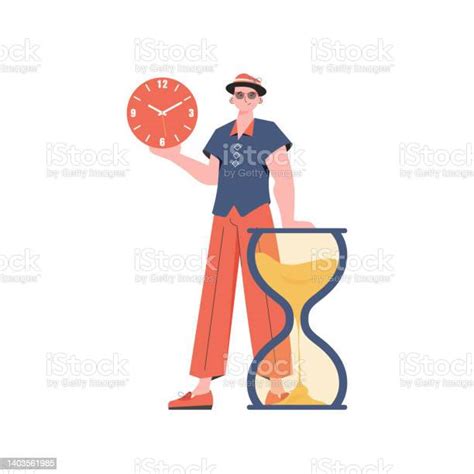 한 남자가 모래시계 옆에서 자신의 전체 높이에 서 있습니다 격리 프레젠테이션을 위한 요소 가득 찬에 대한 스톡 벡터 아트 및 기타 이미지 Istock