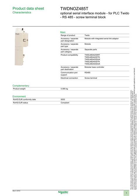 Pdf Characteristics Optional Serial Interface Module For Plc · Product Data Sheet