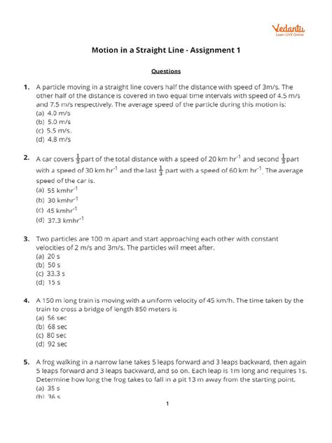 Motion In A Straight Line Assignment 1 Pdf