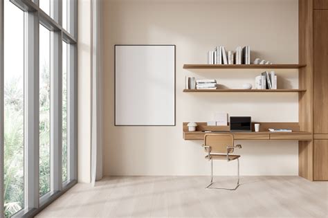 책상과 선반이 있는 현대적인 홈 오피스의 빈 포스터 프레임 모형 3d 렌더링 0명에 대한 스톡 사진 및 기타 이미지 0명 3차원 형태 가구 Istock