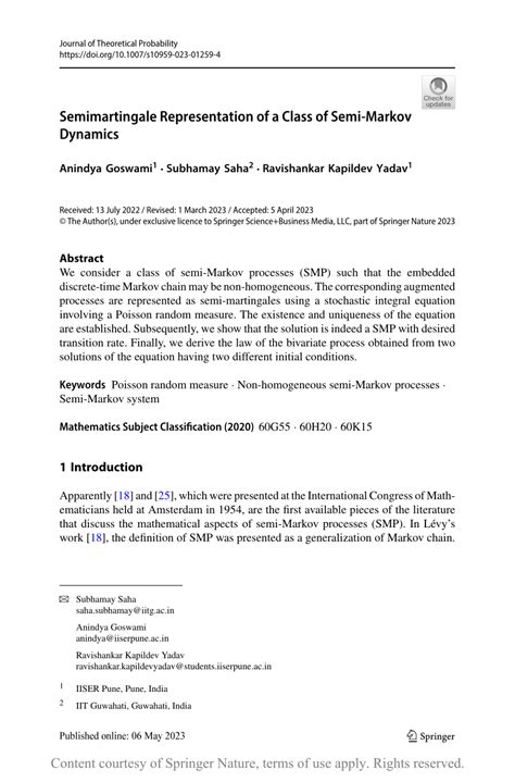 Semimartingale Representation Of A Class Of Semi Markov Dynamics Request Pdf