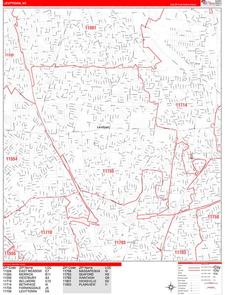 Levittown New York Zip Code Wall Map Red Line Style By Marketmaps