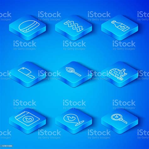 세트 라인 바베큐 석탄 가방 불타는 성냥 위치 불꽃 오븐 장갑 타바스코 소스 고기 다지기 버거 및 주방 온도계 아이콘 벡터 3차원 형태에 대한 스톡 벡터 아트 및 기타