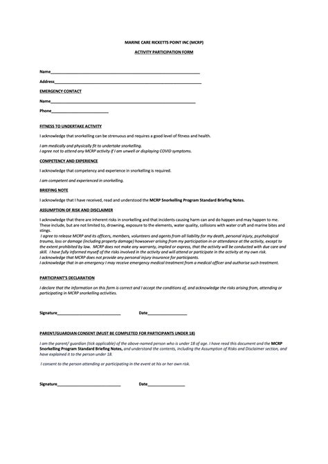 Activity Participation Form Nov 2020 V2 Marine Care Ricketts Point Inc