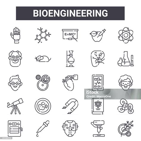 생명 공학 개요 아이콘 세트입니다 보철물 교수 진단 과학 문학 D 프린터 포뮬러 농업 실험실과 같은 얇은 선 아이콘이 포함되어 있습니다 보고서에 사용할 수 있습니다 실험실에