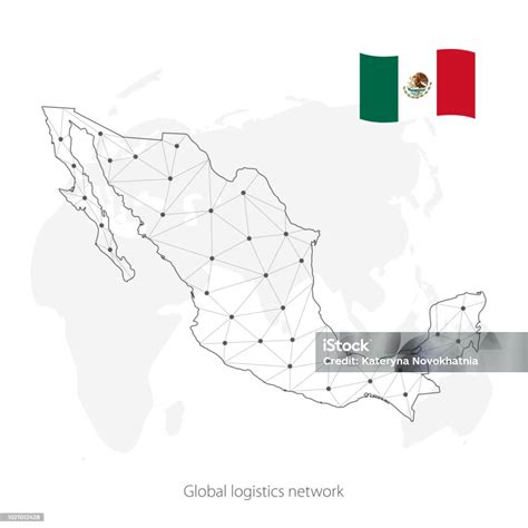 글로벌 물류 네트워크 개념입니다 세계 배경에 미국 멕시코의 통신 네트워크 지도 다각형 스타일과 플래그 노드와 멕시코를 매핑