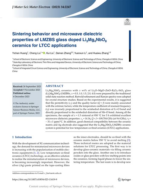 Sintering Behavior And Microwave Dielectric Properties Of Lmzbs Glass Doped Li3mg4nbo8 Ceramics