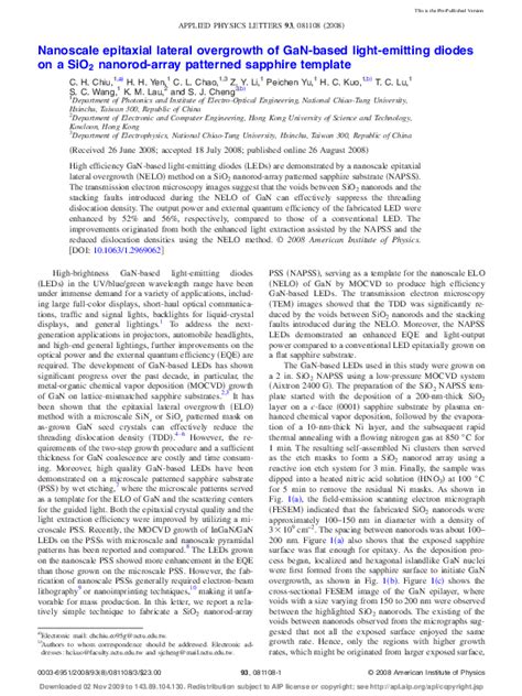Pdf Nanoscale Epitaxial Lateral Overgrowth Of Gan Based Light Emitting Diodes On A Sio2