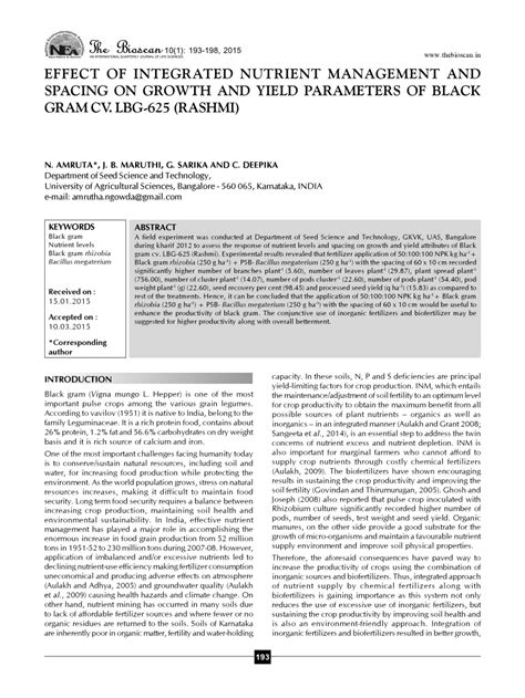 Pdf Effect Of Integrated Nutrient Management And Spacing On Seed Quality Parameters Of Black