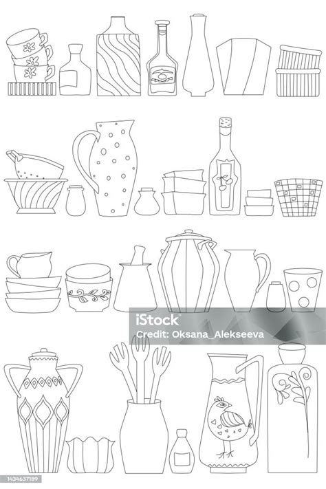 귀여운 기구의 개요 수집 병 머그잔 컵 주전자 색칠 공부 책을위한 요리 행 0명에 대한 스톡 벡터 아트 및 기타 이미지 0명