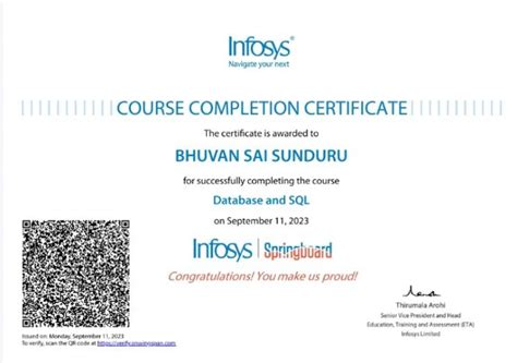 Bhuvan Sai On Linkedin Certification Database Sql Infosys