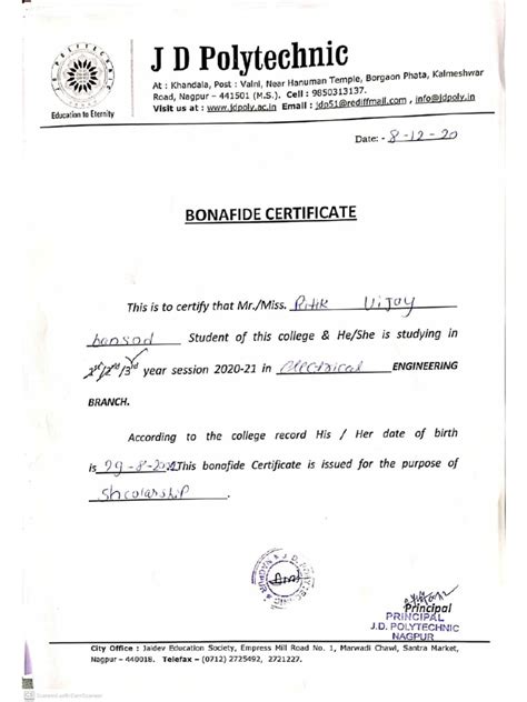 Bonafide Certificate Pdf