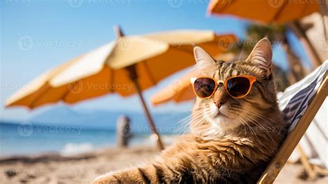 Ai Generated Cute Cat In Sunglasses Is Sitting On The Beach Of Sea Or