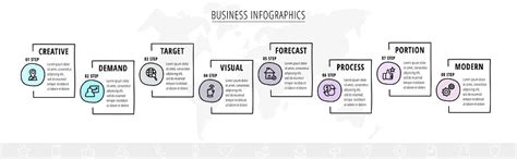 여덟 개의 직사각형과 원이 있는 비즈니스 벡터 인포그래픽 다이어그램 순서도 배너 프레젠테이션 웹 콘텐츠에 대한 8단계 및 사각형이 있는 타임라인 시각화 0명에 대한 스톡