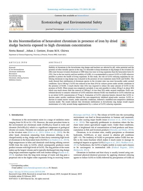 Bansal Et Al 2019 In Situ Bioremediation Of Hexavalent Chromium In P Pdf Chromium Iron
