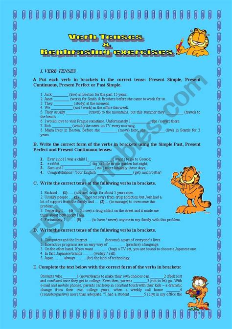 Verb Tenses And Rephrasing Exercises Esl Worksheet By Elisabetegomes