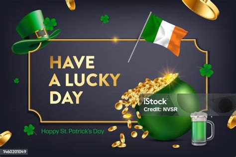 성 패트릭의 날의 벡터 그림입니다 레프러콘의 모자 클로버 디자인 아일랜드 국기 녹색 목테일 금화 냄비 St Patricks