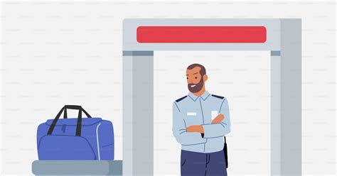 금속 탐지기 프레임 공항 보안 검사 제어 개념 남성 캐릭터는 승객 수하물 남자 장교 검문소 검사와 함께 포털에 유니폼을
