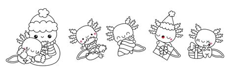 격리된 크리스마스 도롱뇽 색칠 페이지의 벡터 크리스마스 Axolotl 개요 세트 컬렉션 프리미엄 벡터