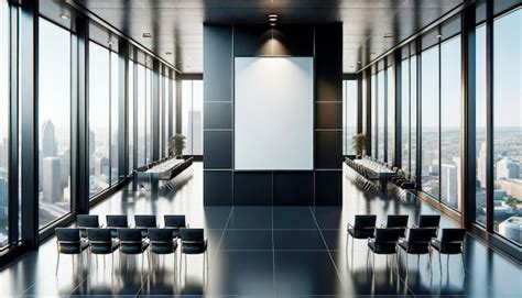 Современный конференц зал с большими окнами с видом на город пустой плакат на стене современный