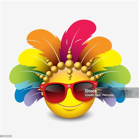 흰색 배경에 고립 된 귀여운 이모티콘 빨간 선글라스와 카니발 머리 장식웃는벡터 일러스트를 착용 공 스포츠 장비에 대한 스톡 벡터 아트 및 기타 이미지 Istock