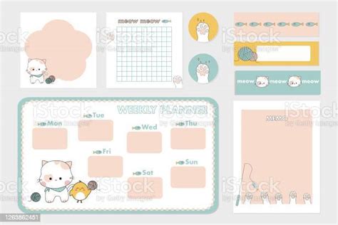 ชุดของลูกแมวน่ารักกระดาษบันทึก สติกเกอร์และเทปเหนียว ภาพประกอบสต็อก