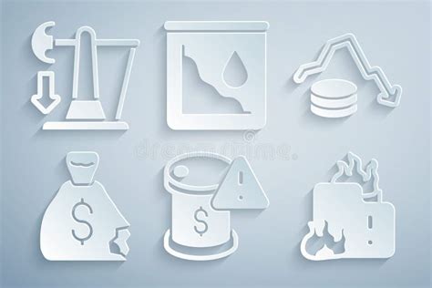 Set Drop In Crude Oil Price Dollar Rate Decrease Money Bag Fire Burning House And Icon