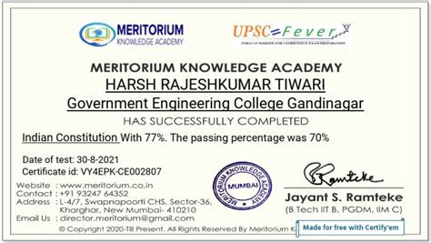 Certificate For Harsh Rajeshkumar Tiwari For Indian Constitution Pdf