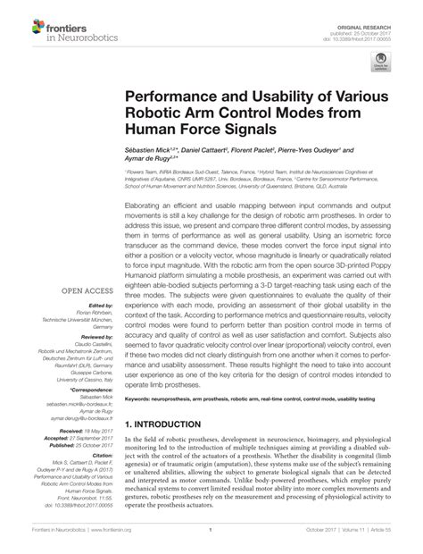 Pdf Performance And Usability Of Various Robotic Arm Control Modes