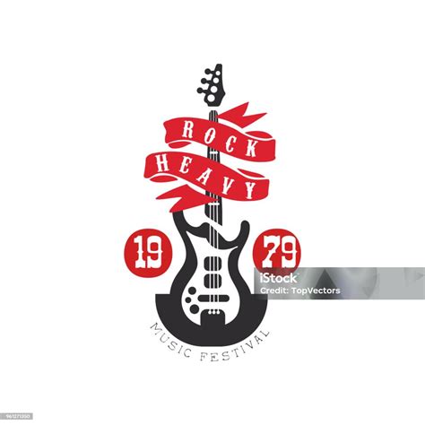 무거운 록 음악 축제 표준시 1979 일렉트릭 기타 디자인 요소 포스터 배너 전단지 인쇄에 사용할 수 있습니다 또는 흰색 배경에 벡터 일러스트 스탬프 로고에 대한 스톡 벡터