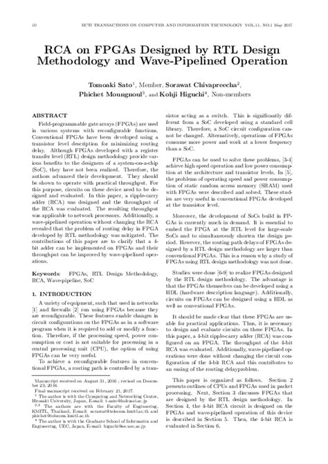 Pdf Rca On Fpgas Designed By Rtl Design Methodology And Wave Pipelined Operation