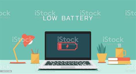Laptop Computer With Low Battery Icon On Screen Stock Illustration