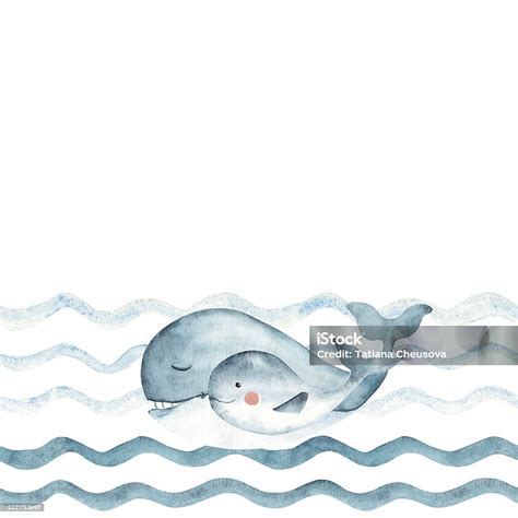 바다 아이 푸른 고래 가족 성인 및 어린이와 함께 완벽한 테두리 패턴이 파도에서 수영합니다 어린이 벽지 또는 항해 디자인을위한 손으로 그린 그림 0명에 대한 스톡 벡터 아트