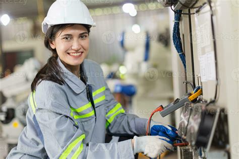 Electricity Engineer Female Working Check Service High Voltage Electrical Cabinet Worker Repair