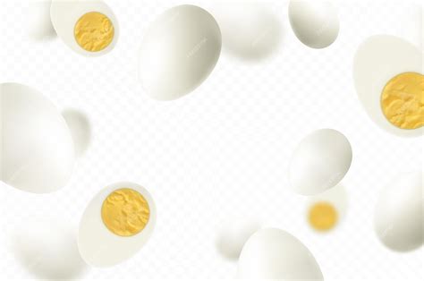 흰색 배경에 분리된 날아다니는 단단한 삶은 계란 떨어지는 맛있는 삶은 닭고기 달걀 전체와 조각 광고 포장 배너 포스터 인쇄에 사용할 수 있습니다 현실적인 3d 벡터