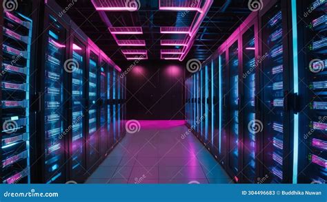 Data Center With Multiple Rows Of Fully Operational Server Racks Stock