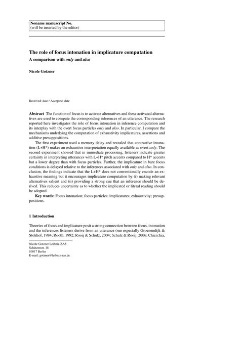 Pdf The Role Of Focus Intonation In Implicature Computation A Comparison With Only And Also