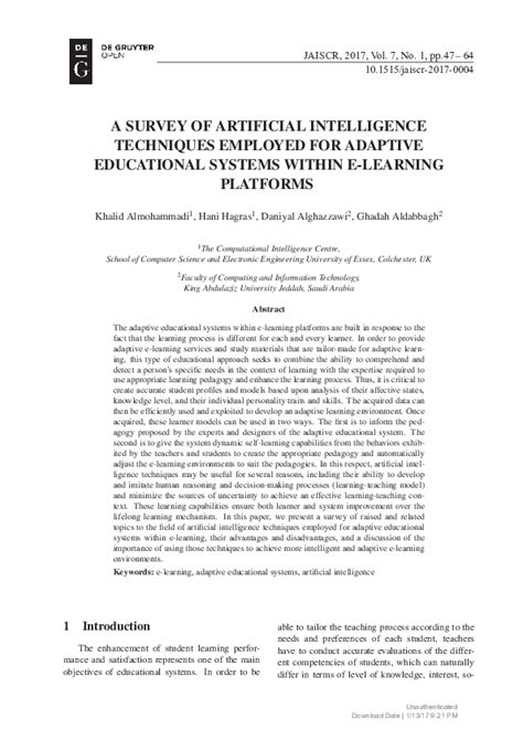 Pdf A Survey Of Artificial Intelligence Techniques Employed For Adaptive Educational Systems