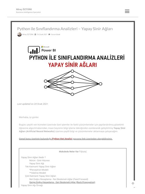 Python Ile Sınıflandırma Analizleri Yapay Sinir Ağları Miraç ÖztÜrk